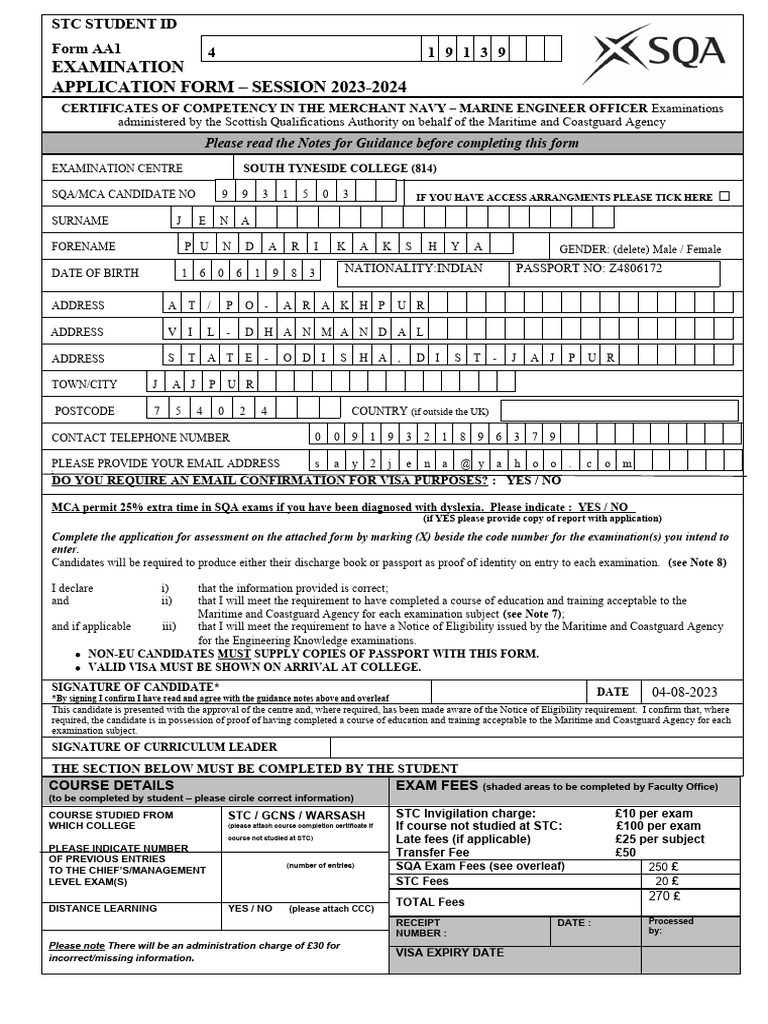 New SQA Application Exam Form - Oct 2023-24 | PDF