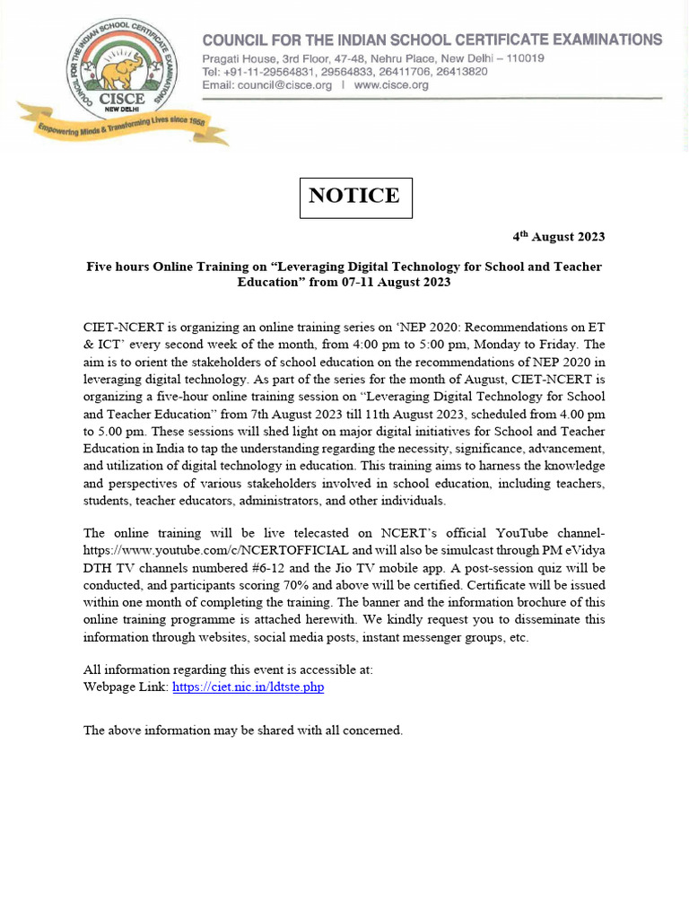 Notice 5 Hours Online Training Leveraging Digital Technology For School | PDF | Educational ...
