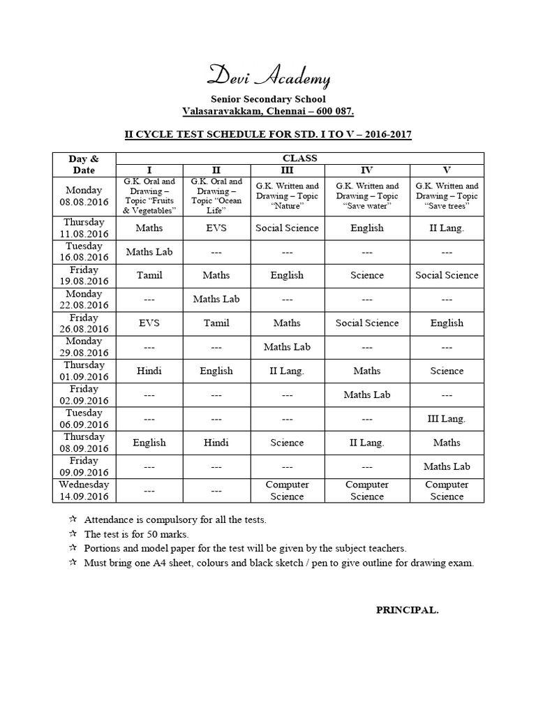 II Cycle Test - Time Table - 2016-17-1 To 5 | PDF
