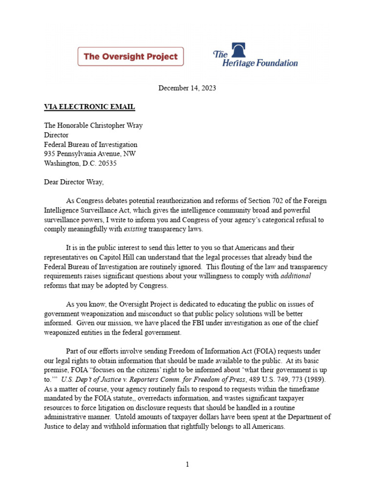 Heritage Letter To FBI Director | PDF | Freedom Of Information Act ...