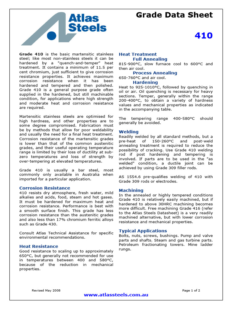 Atlas Grade Datasheet 410 Rev May 2008 | PDF | Heat Treating ...