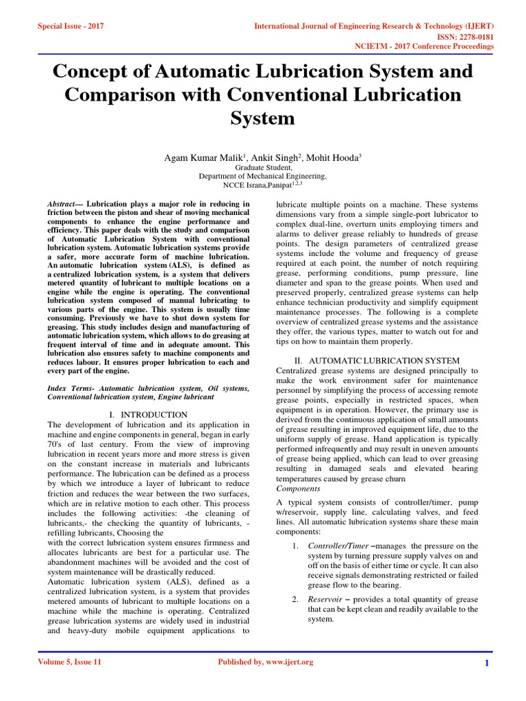 Concept of Automatic Lubrication System and Comparison With Conventional Lubrication System ...