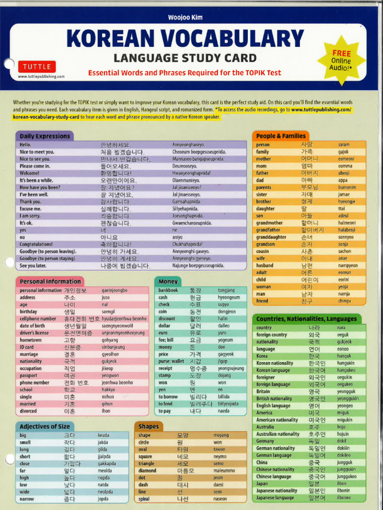 Vocabulario Coreano para Topik1 | PDF