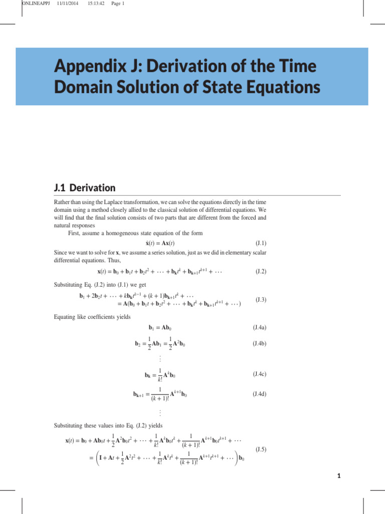 Derivation of The Time Domain Solution of State Equations | PDF | Equations | Functions And Mappings