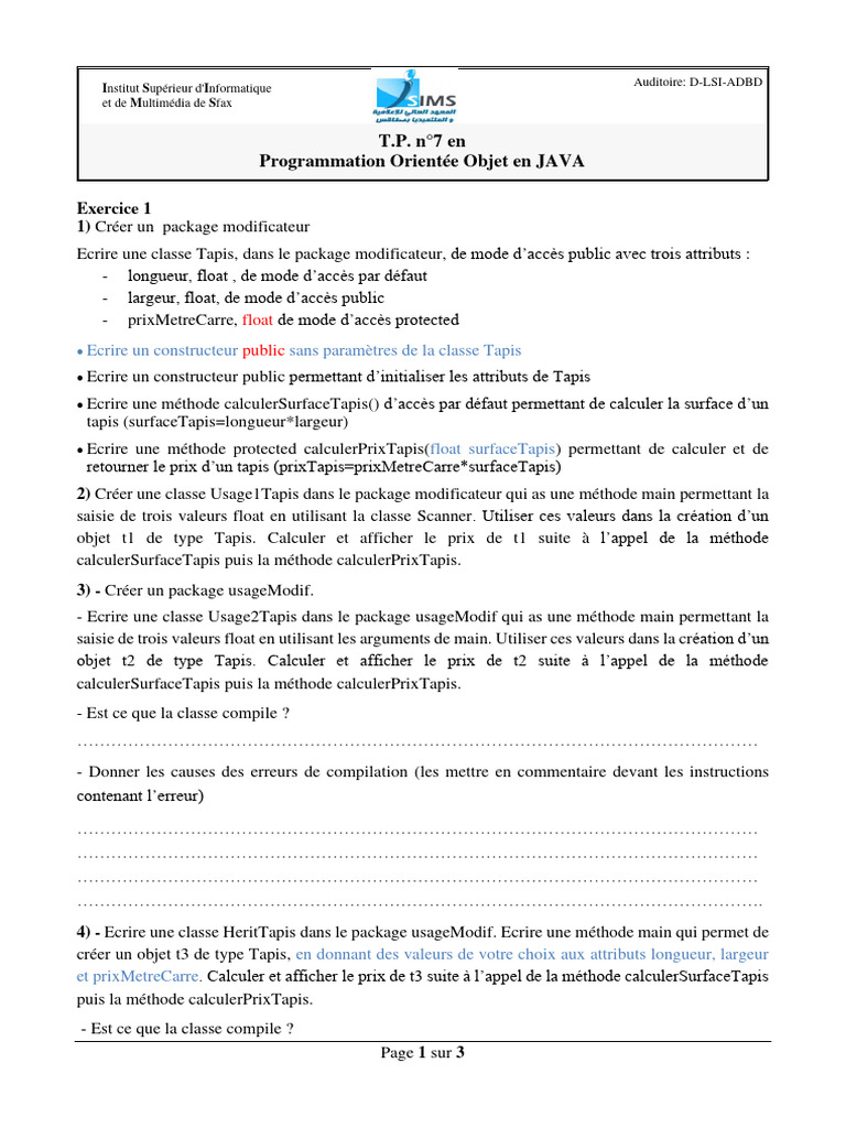 T.P. N°7 en Programmation Orientée Objet en JAVA: Float Public | PDF | Classe (informatique ...