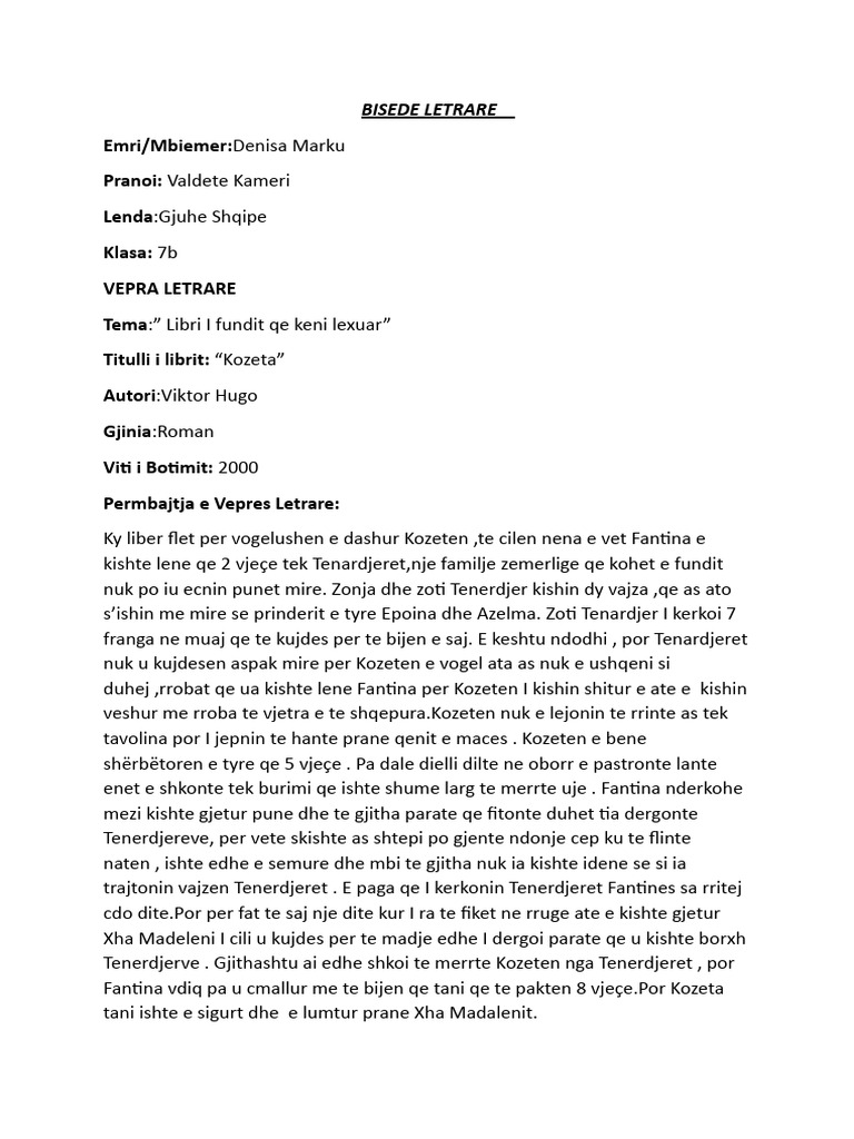 Bisede Letrare I Klasa e Tete | PDF