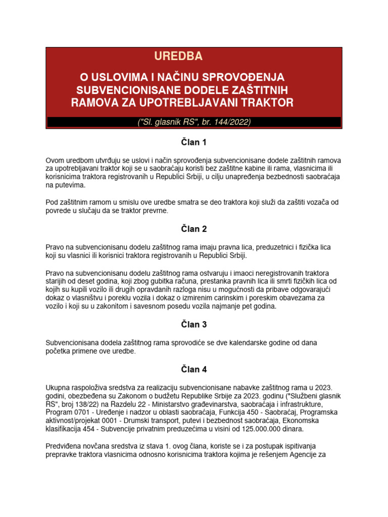 Uredba o Uslovima I Nacinu Sprovodjenja Subvencionisane Dodele Zastitnih Ramova Za ...