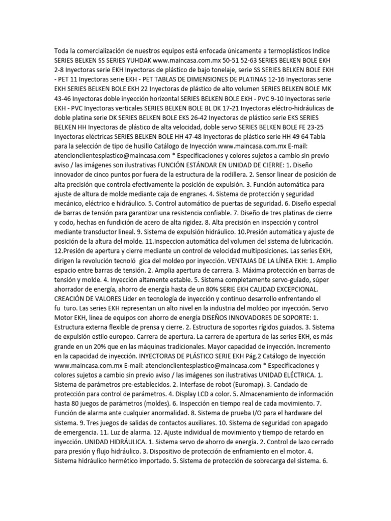 Inyectoras Belken Bole EKH: Innovación y Eficiencia | PDF | Bienes ...