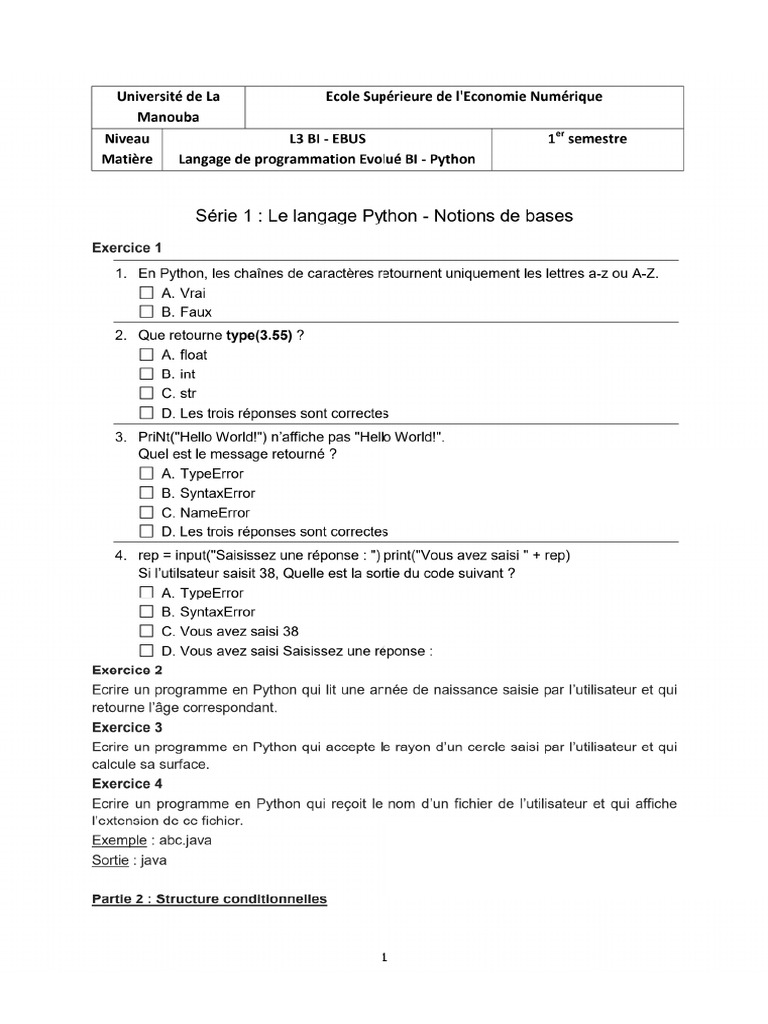 TD1 - Le Langage Python - Notions de Bases | PDF TD1 - Le Langage Python - Notions de Bases | PDF