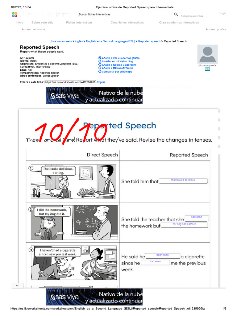 Ejercicio Online de Reported Speech para Intermediate | PDF | Language Education | Second ...
