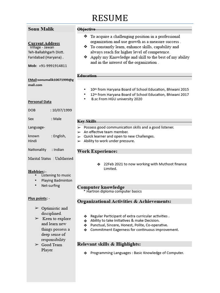Sonu malik CV 2 | PDF | Knowledge | Learning