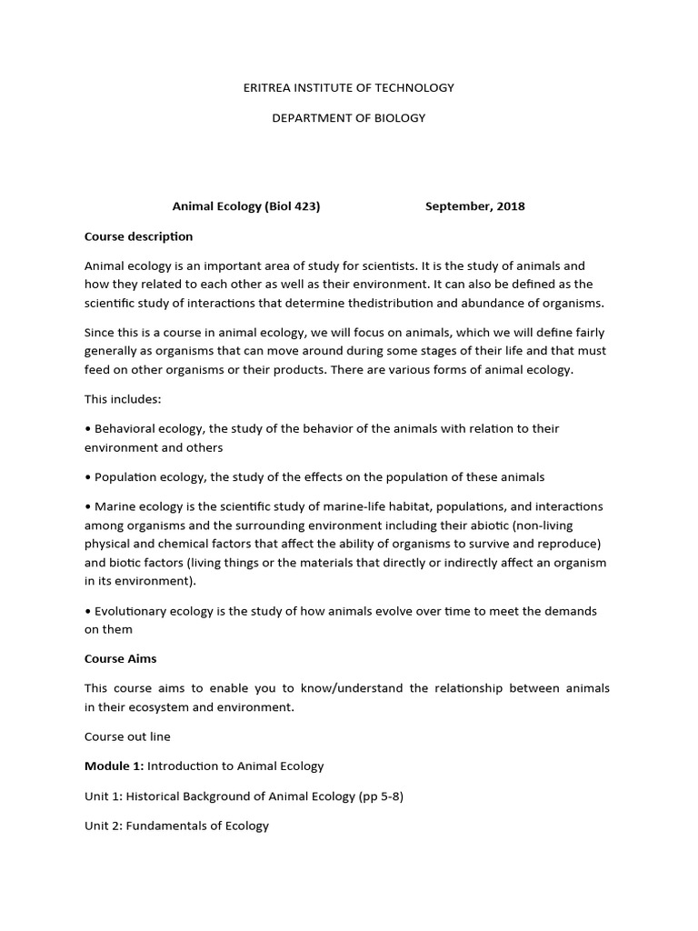 Animal Ecology Course Overview | PDF | Ecology | Ecological Niche
