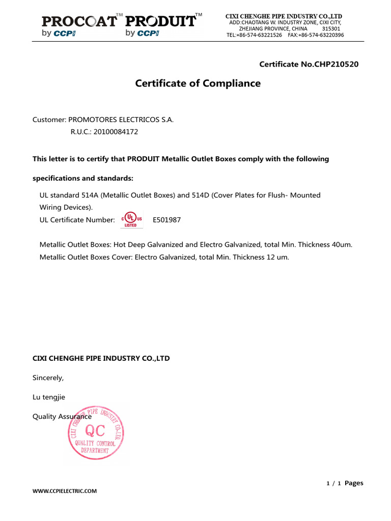 UL 514A Compliance Certificate | PDF | Technology & Engineering