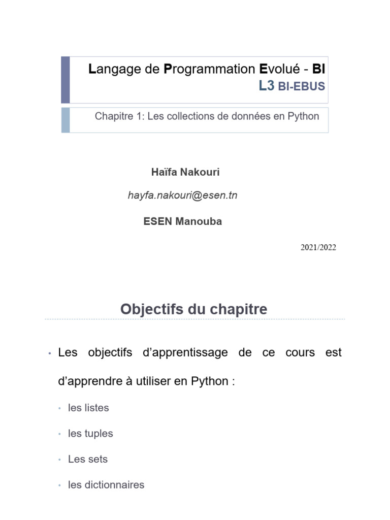 Chapitre 2 - Les Collections de Données en Python | PDF | Python (Langage de programmation ...