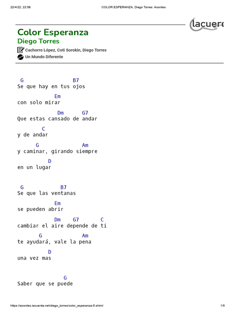 COLOR ESPERANZA, Diego Torres - Acordes | PDF
