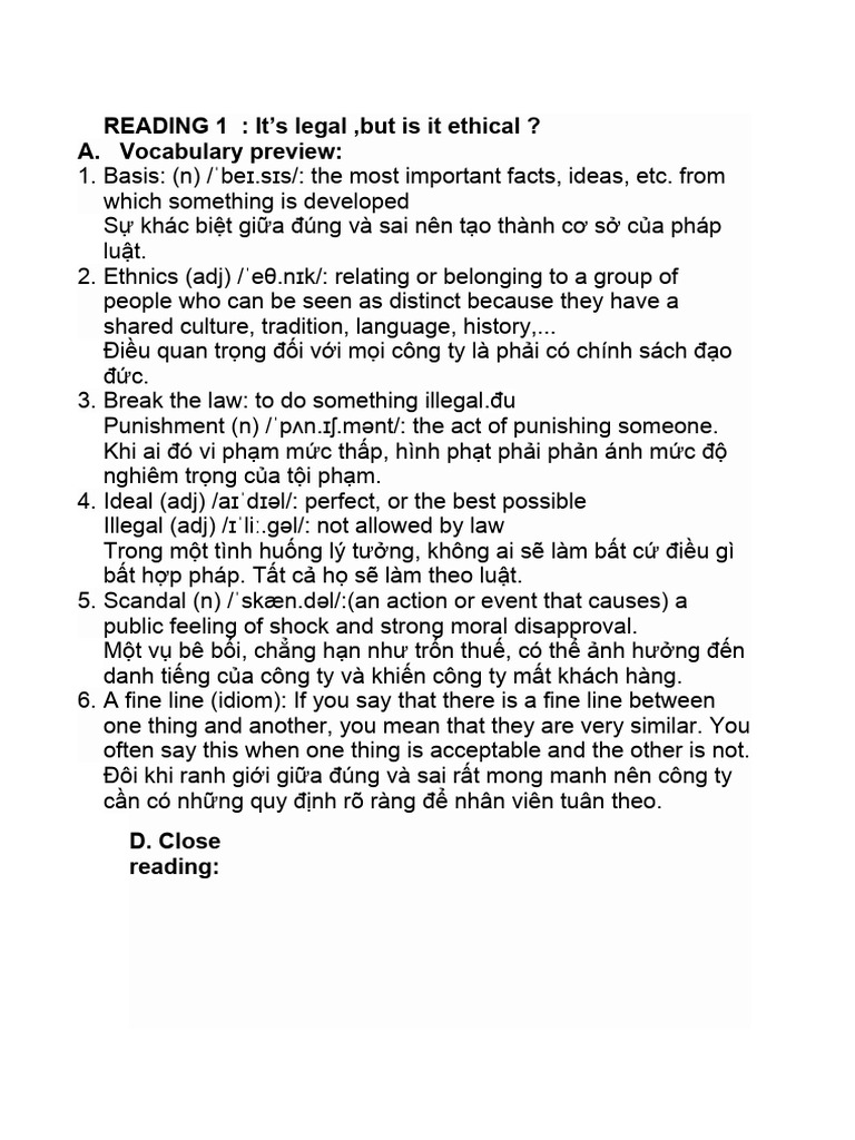 READING 1: It's Legal, But Is It Ethical ? A. Vocabulary Preview | PDF