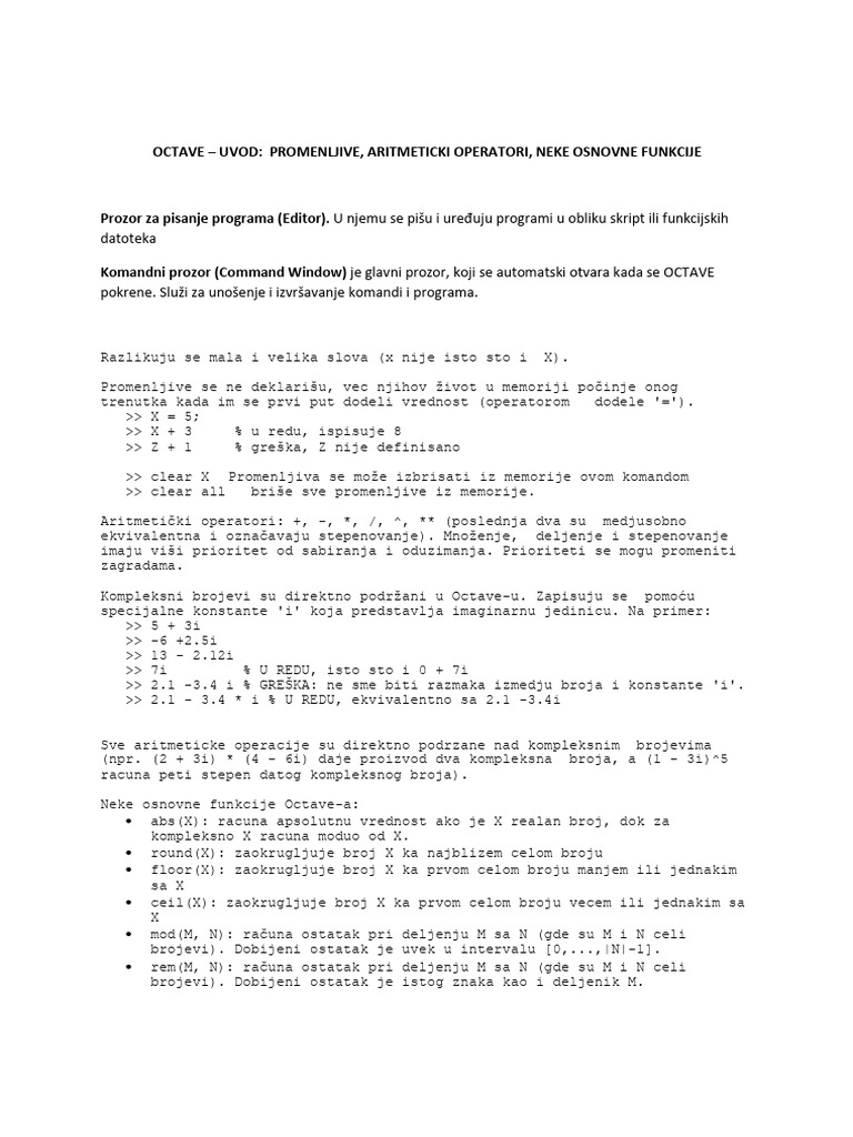 Promenljive, Aritmeticki Operatori, Neke Osnovne Funkcije | PDF
