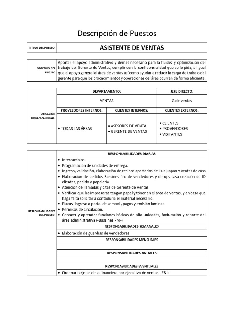 DESCRIPCION DE PUESTOS DE ASISTENTE DE VENTAS | PDF | Business | Informática