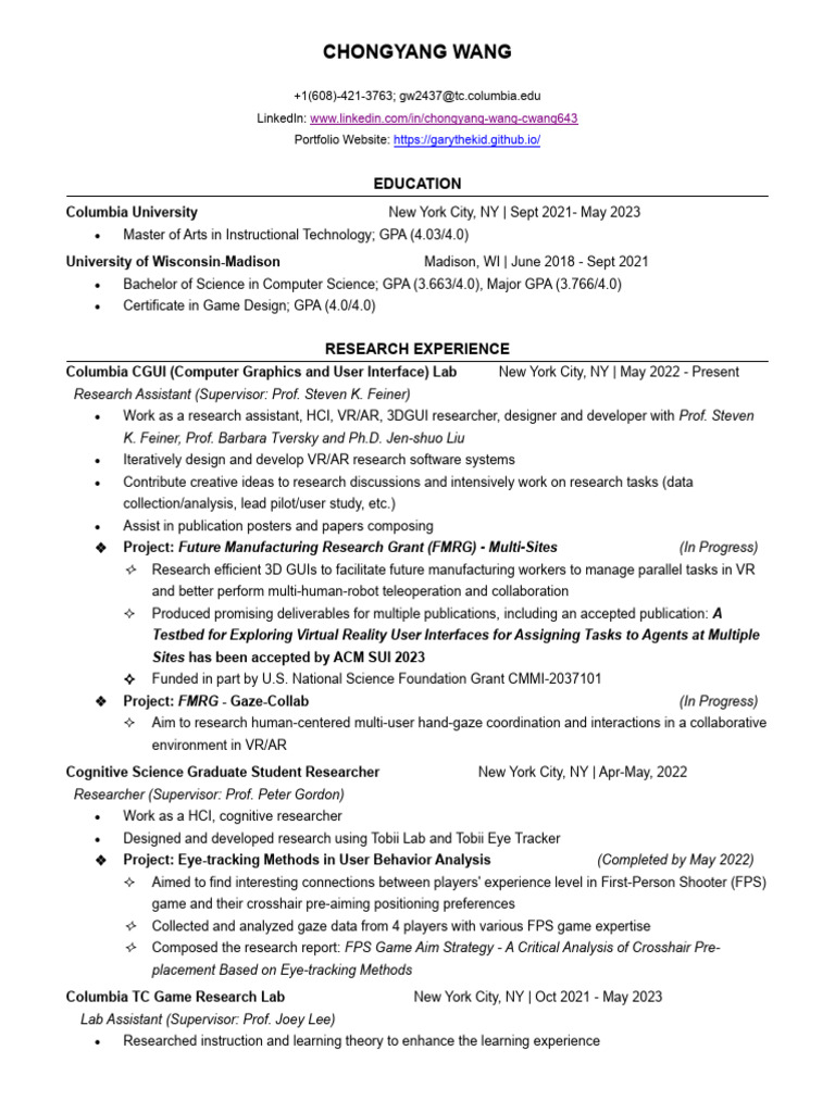 Chongyang (Gary) CV | PDF | Augmented Reality | Virtual Reality