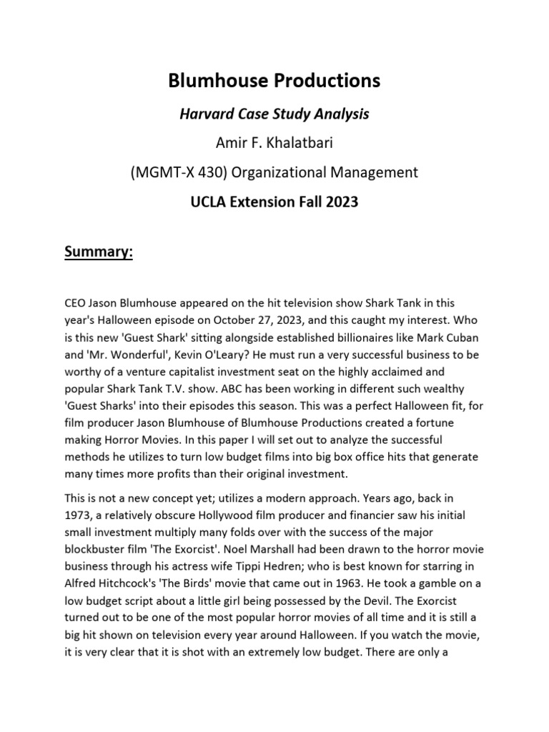 Blumhouse Productions Harvard Case Study Analysis | Download Free PDF ...
