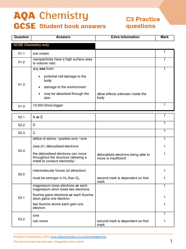 AQA GCSE Chem C3 Practice Question Answers | PDF | Ion | Electron