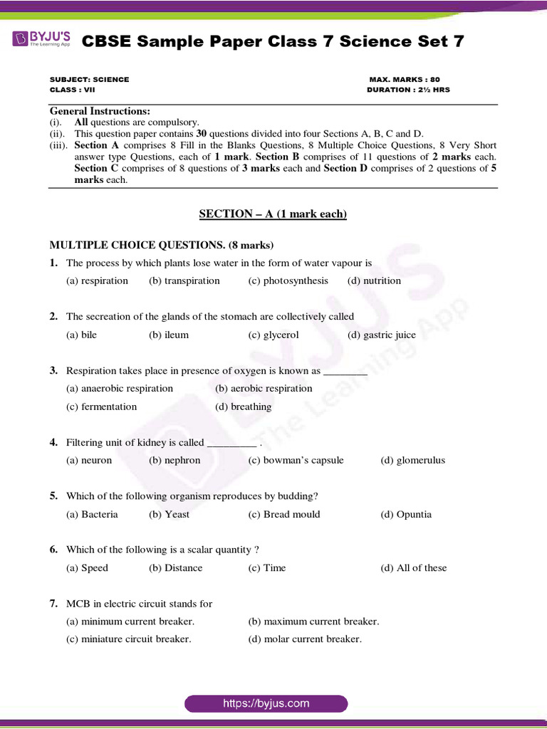 CBSE Sample Paper Class 7 Science Set 7 | PDF | Water | Cellular ...