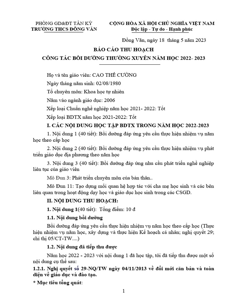 Bản thu hoạch BDTX năm học 2022-.2023 | PDF