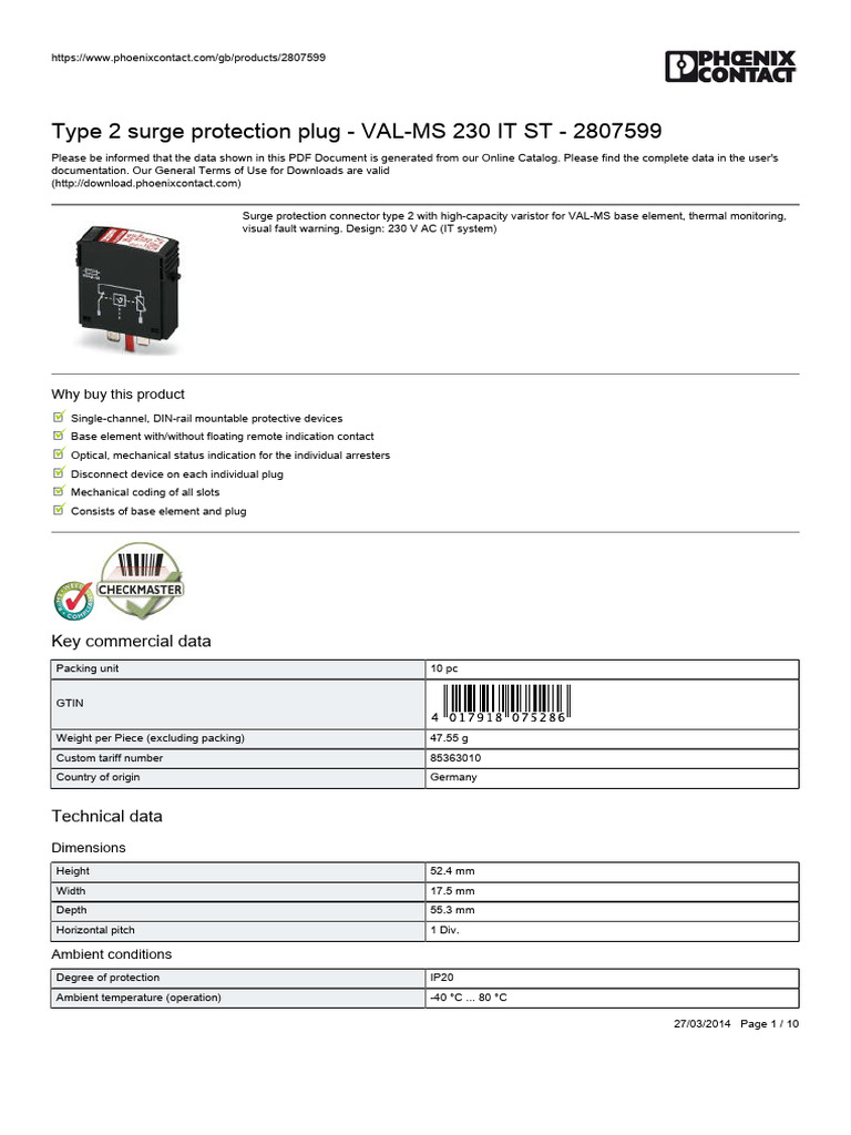 Type 2 Surge Protection Plug - VAL-MS 230 IT ST - 2807599: Key Commercial Data | PDF ...