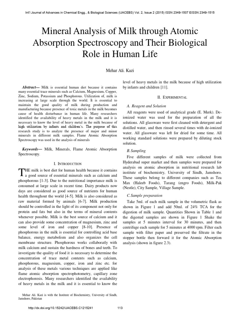 Mineral Analysis of Milk Through Atomic Absorption Spectroscopy and ...