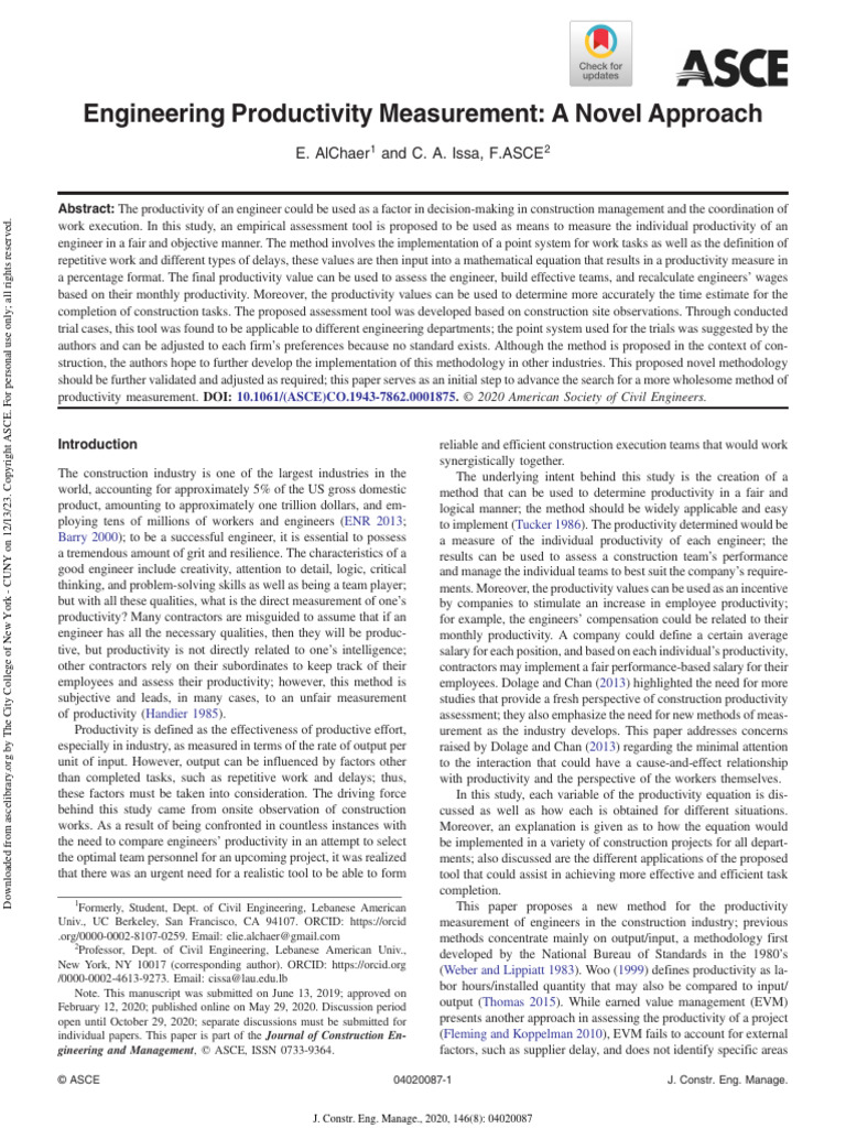 Alchaer Issa 2020 Engineering Productivity Measurement A Novel Approach | PDF | Methodology ...