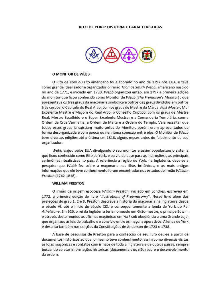Rito de York: História e Práticas | PDF | Loja Maçônica | Maçonaria
