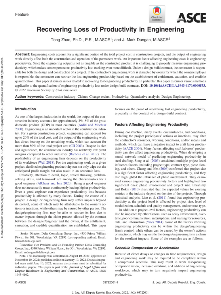 Zhao Dungan 2022 Recovering Loss of Productivity in Engineering | PDF | Causality | Engineering
