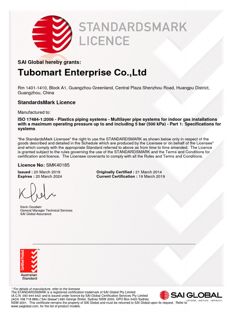 Pex-Al-Pex Certificate SMK40185 20190320 | PDF | License | Screw