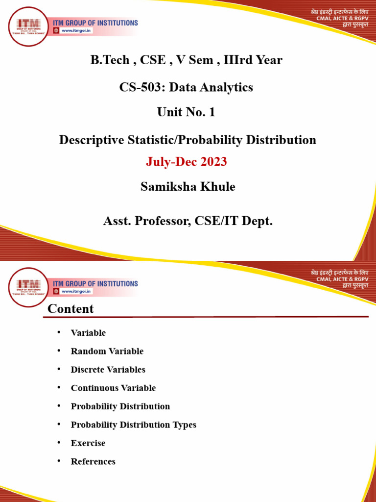 Probability Distribution in Descriptive Statistics in Data Analytics Cs-503 | PDF | Probability ...
