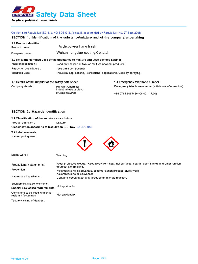 Acylic Polyurethane Finish Safety Data | PDF | Occupational Safety And ...