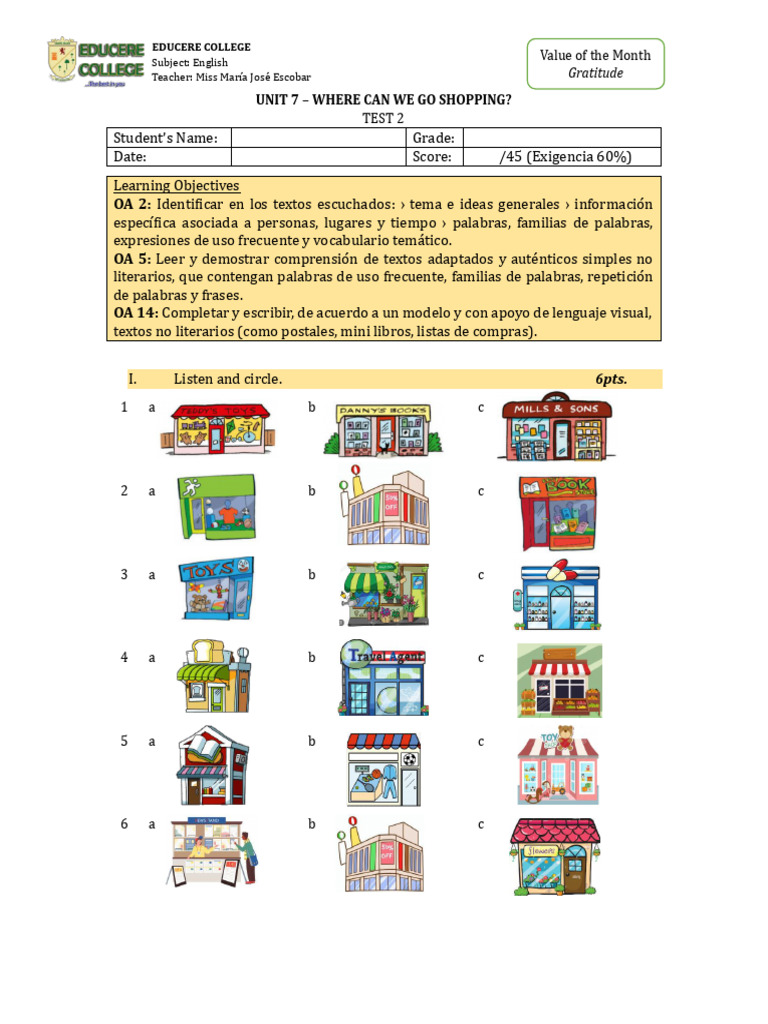 English Test: Shopping Vocabulary | PDF | Syntax | Linguistic Morphology