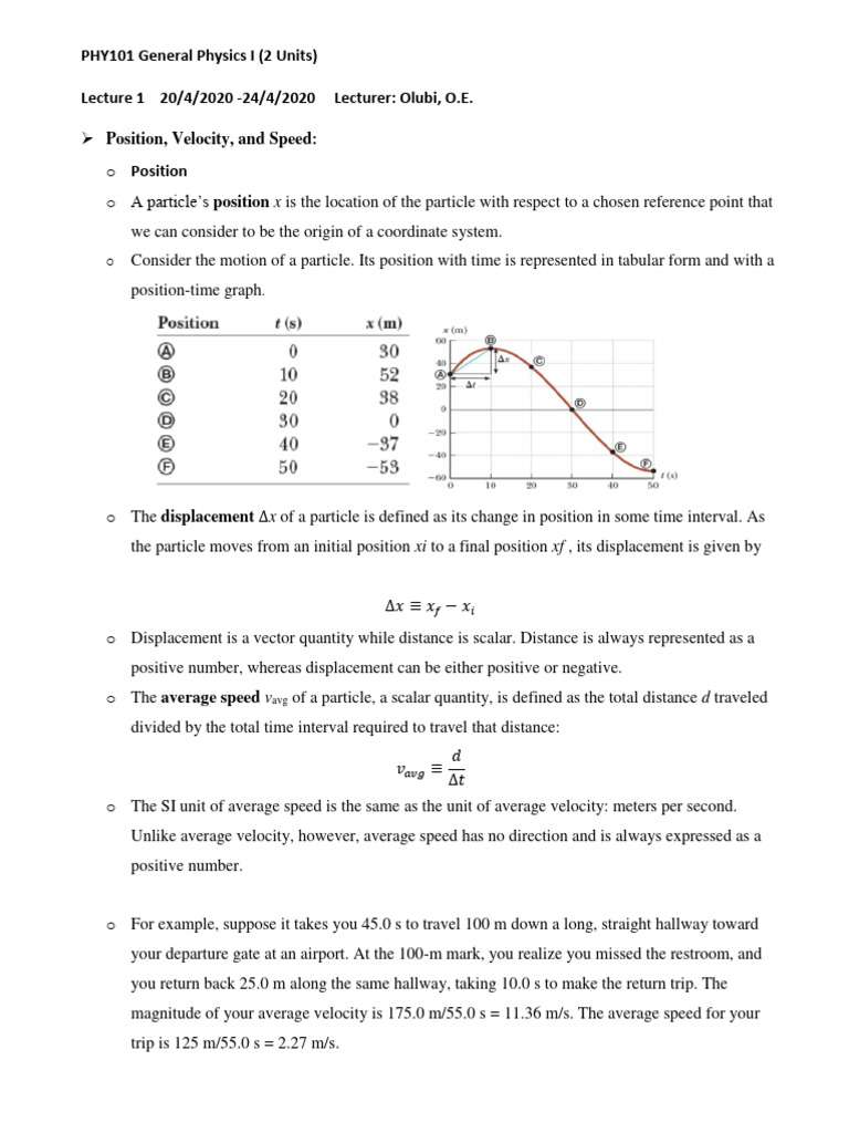 PHY101 Lecture 1 | PDF | Velocity | Acceleration