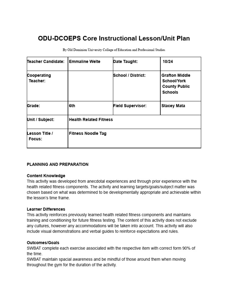 Lesson Plan Fitness Noodle Tag | Download Free PDF | Teachers | Learning