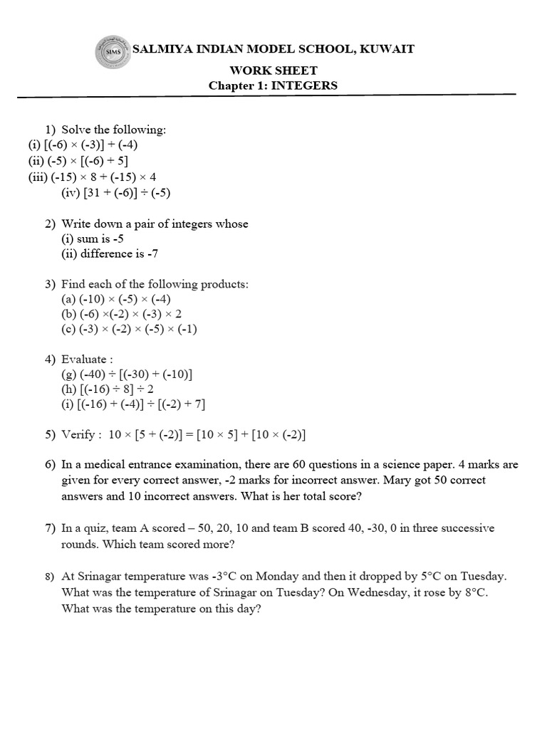 CH 1 Integers Work Sheet | PDF | Games & Activities | Teaching Methods ...
