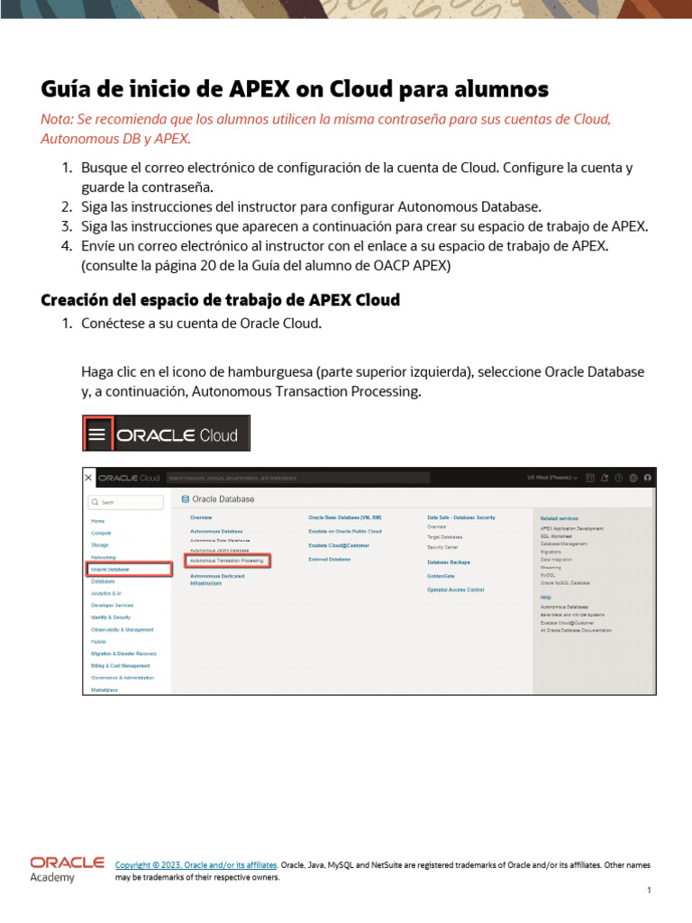 OACP Learner APEX Startup Guide Esp | PDF | Mi sql | Software de la aplicacion