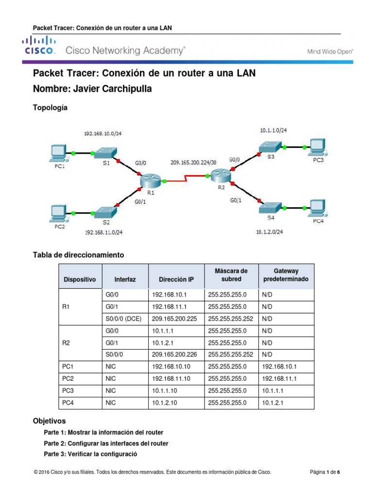 6.4.3.3 Packet Tracer - Connect A Router To A LAN - Javier Carchipulla | PDF | Enrutador ...