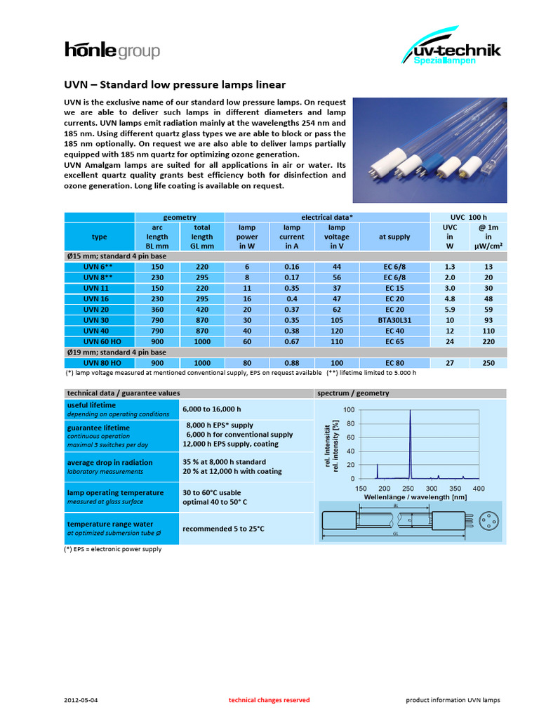 Low Pressure UVC Lamps UVN | PDF | Ultraviolet | Glass Applications