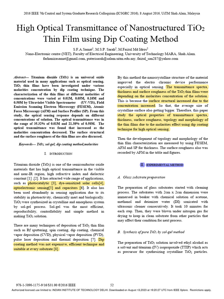 High Optical Transmittance of Nanostructured TiO2 Thin Film Using Dip Coating Method | PDF ...