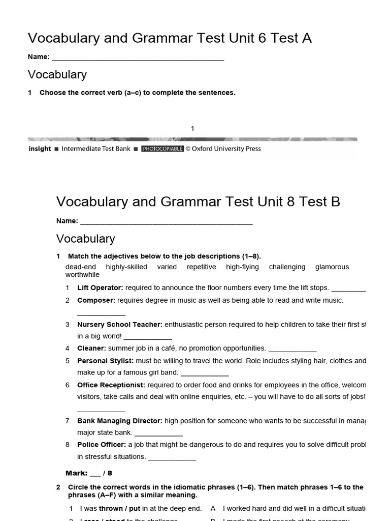 Vocabulary + Grammar Unit 6 Test A | PDF | Vocabulary | Phrase