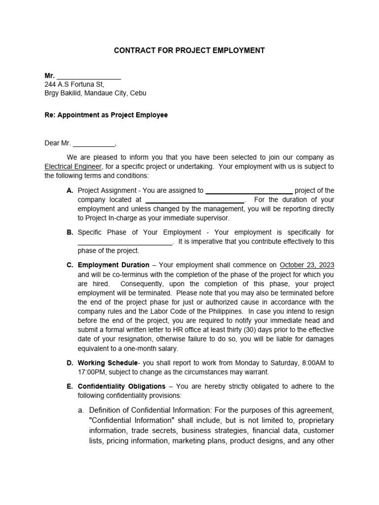 CONTRACT FOR PROJECT EMPLOYMENT - Template | PDF | Confidentiality ...