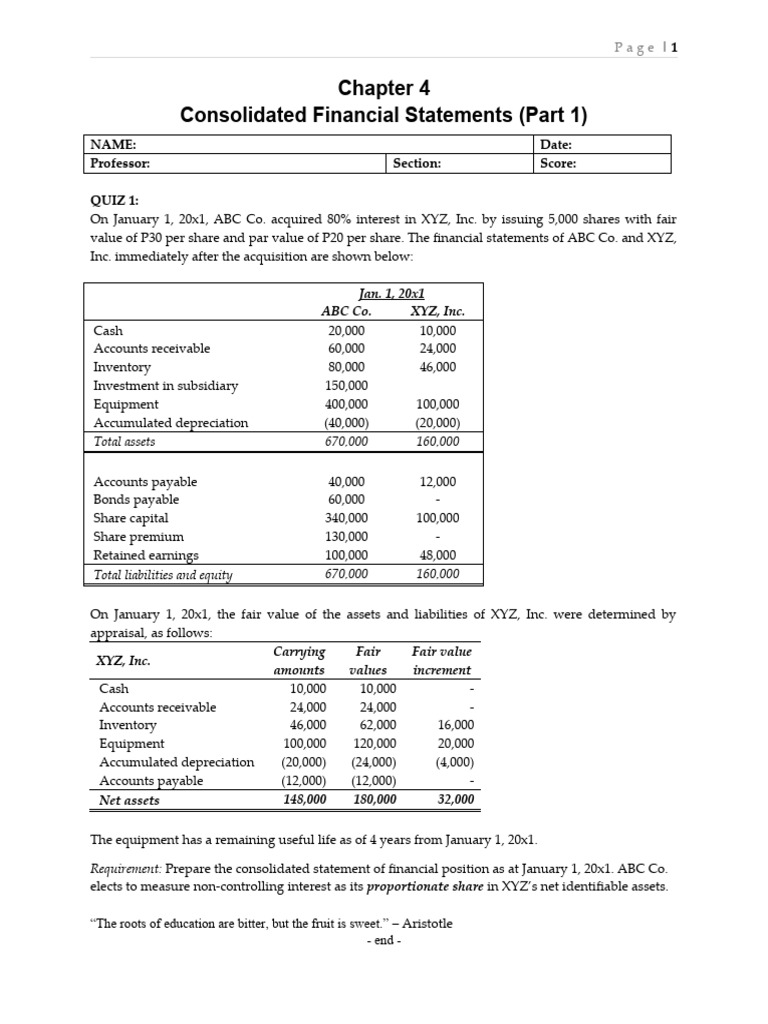 Quiz Chapter 4 Consol. Fs Part 1 | PDF | Equity (Finance) | Goodwill (Accounting)