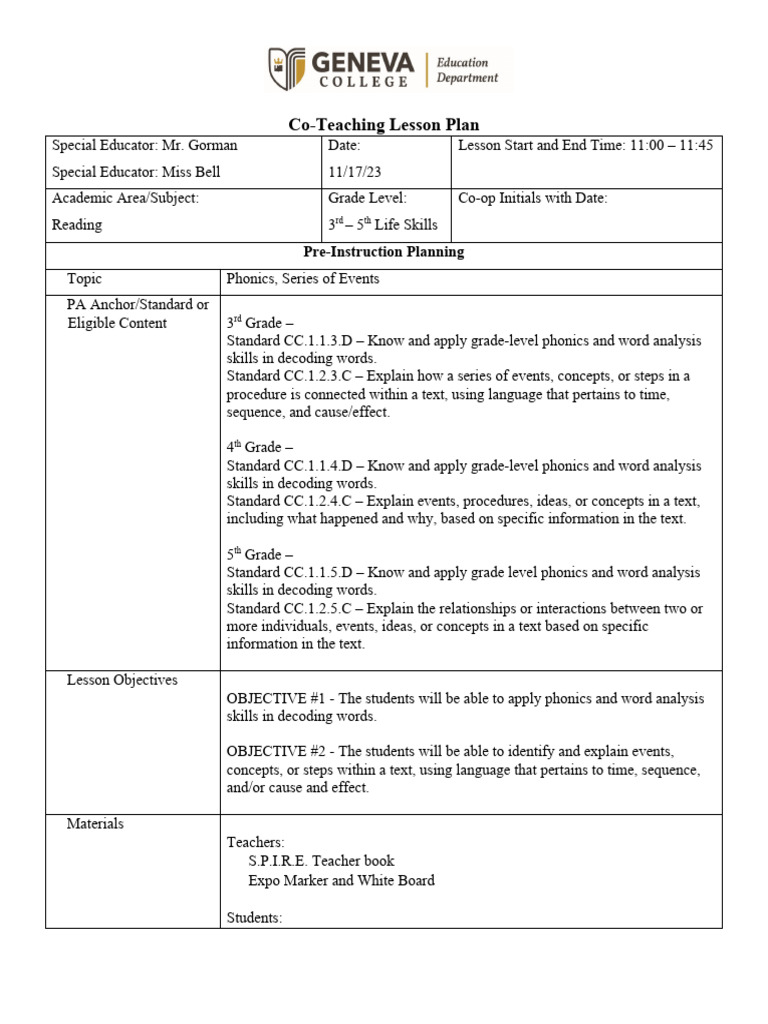 Edu 472 Co-Teaching Lesson Plan | PDF | Phonics | Cognitive Psychology