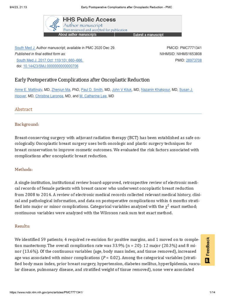Early Postoperative Complications After Oncoplastic Reduction - PMC ...