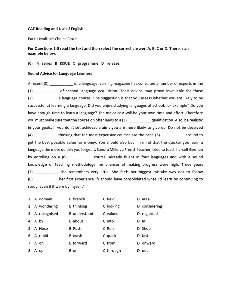 CAE Reading and Use of English 2 | PDF | Second Language Acquisition | Behavior Modification
