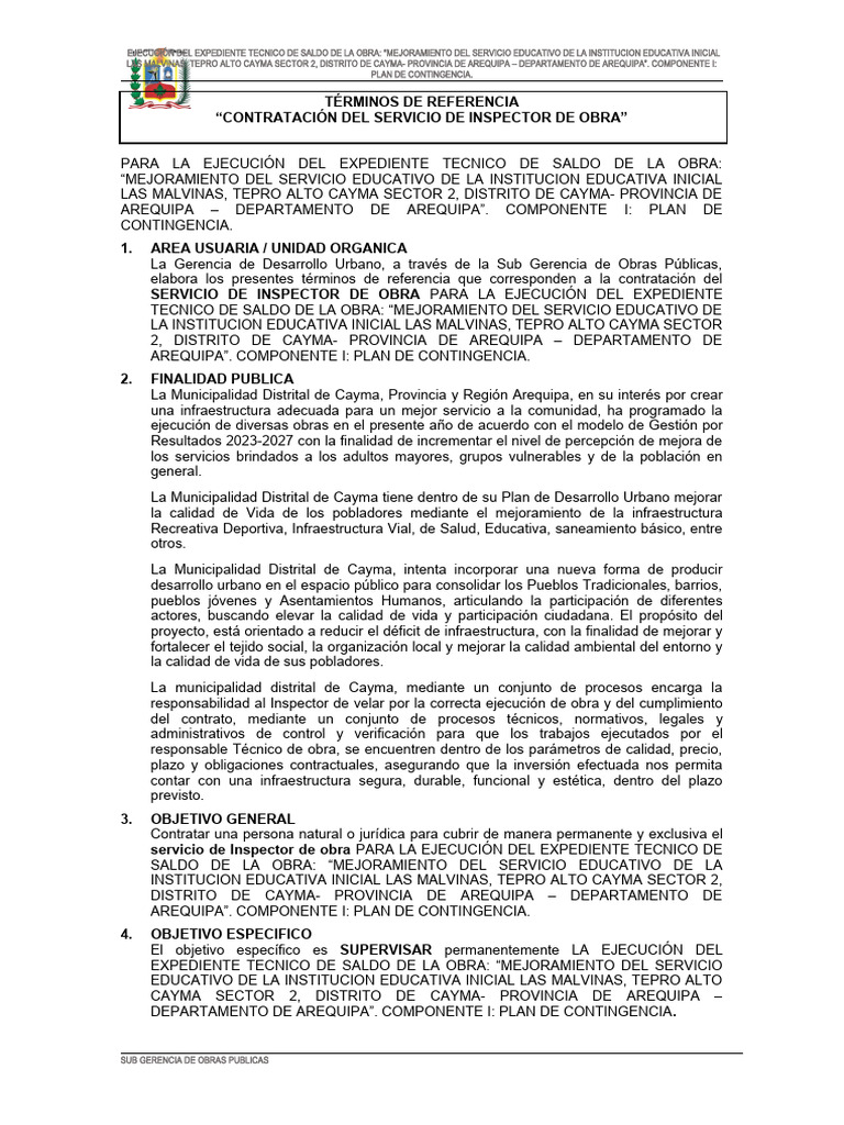 TDR - Supervisor - Iei Malvinas - Plan Contingencia | PDF | Gobierno ...